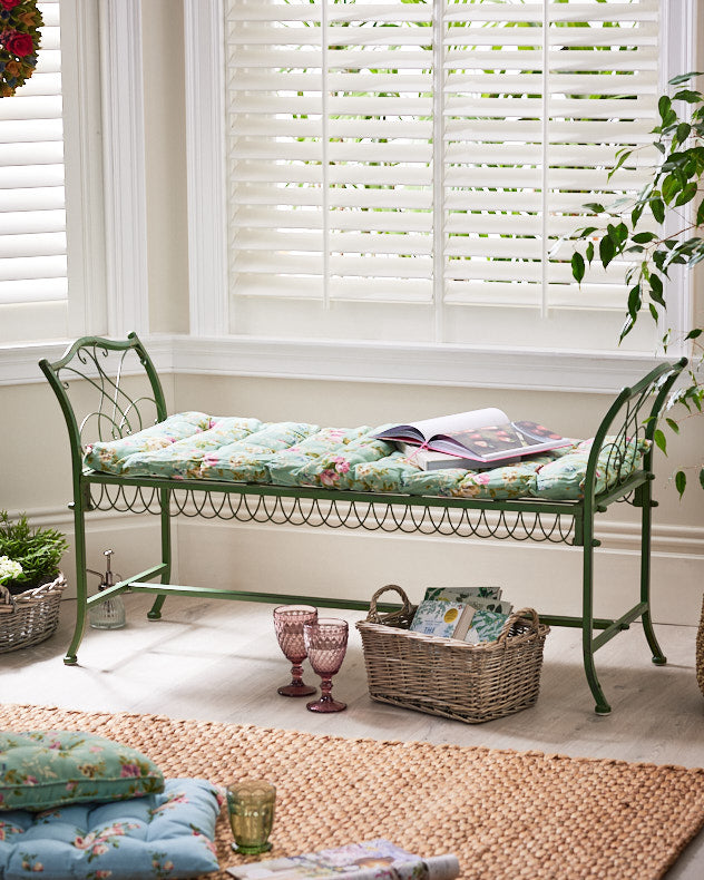 Vintage Green Scrolled Indoor Bench | Dibor Furniture
