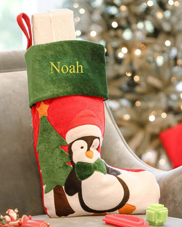 Penguin Christmas Stockings Personalised Plush Blue Penguin Christmas